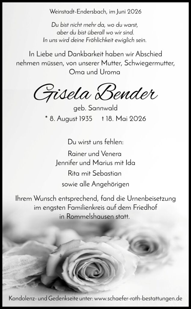 Gisela Bender geb. Sannwald - Schäfer & Roth Bestattungen